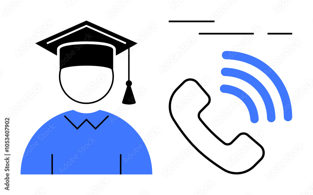 Graduate wearing cap next to a phone receiver with signal lines. Ideal ...