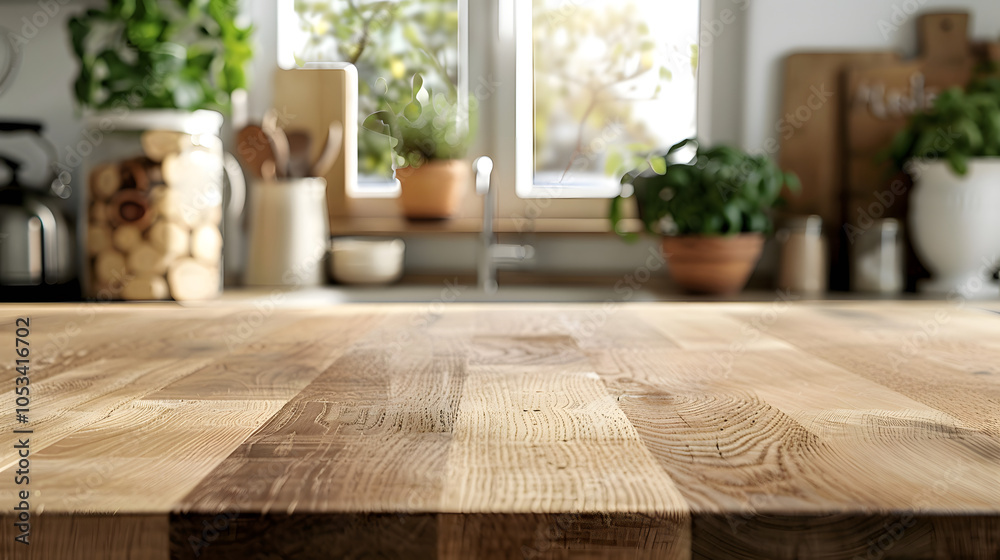 Wood table top in background of blurry kitchen counter. for montage ...