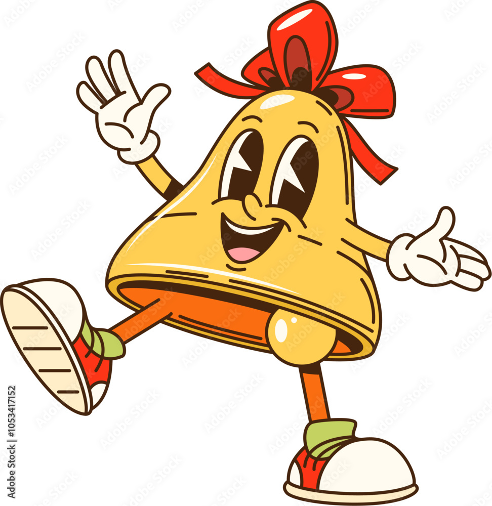 Cartoon groovy Christmas jingle bell character with a big red bow ...