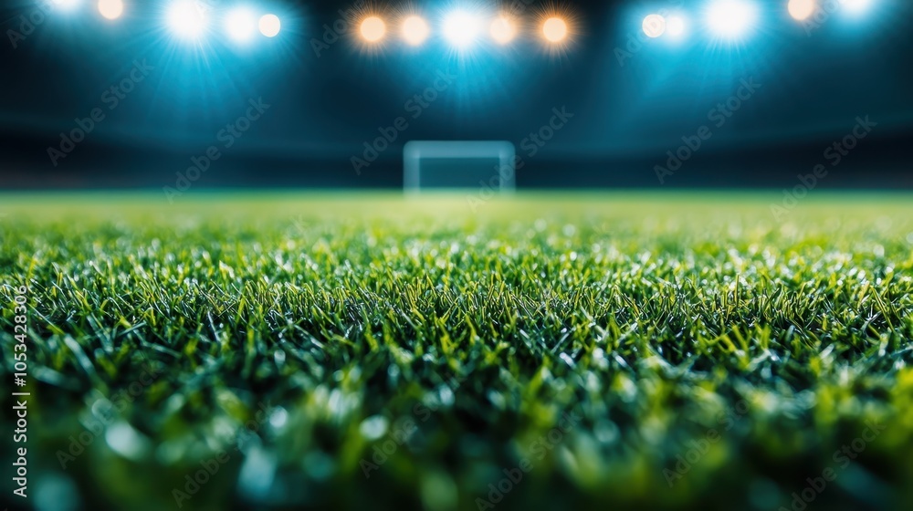 A lush green soccer field with goalposts is lit by bright stadium ...