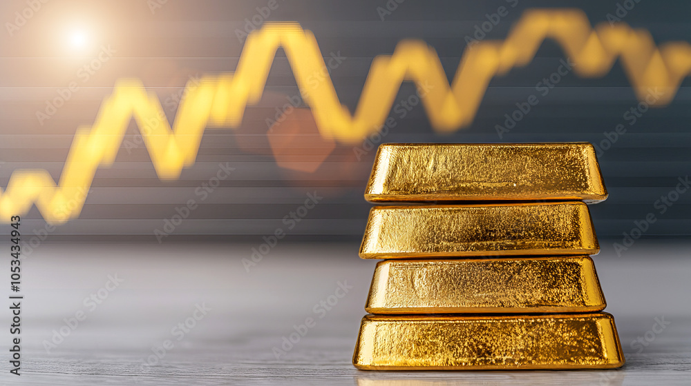 The image displays four gold bars stacked, with a background featuring ...