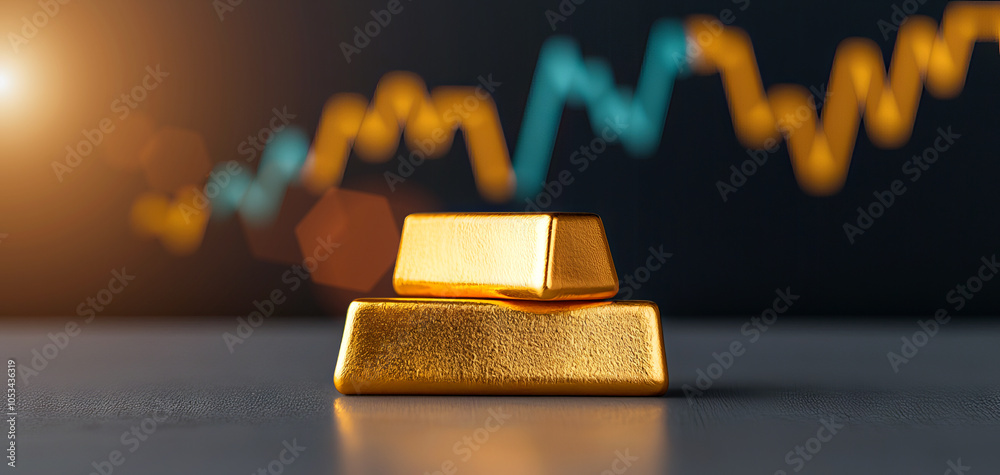 Gold bars are placed on a surface with a fluctuating chart graph in the ...