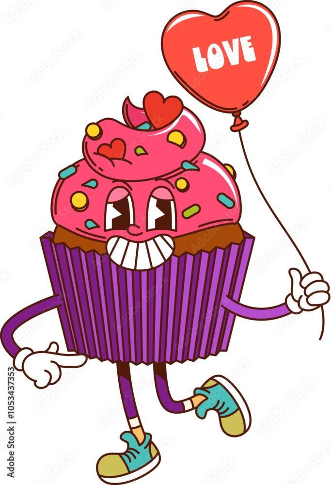 Cartoon cupcake groovy character with pink icing holds heart-shaped ...
