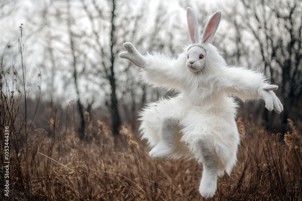 Teenager dressed as a rabbit, complete with bunny mask, long ears ...