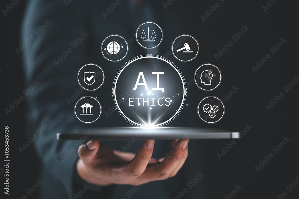 AI ethics and law in artificial intelligence governance. Icons related ...