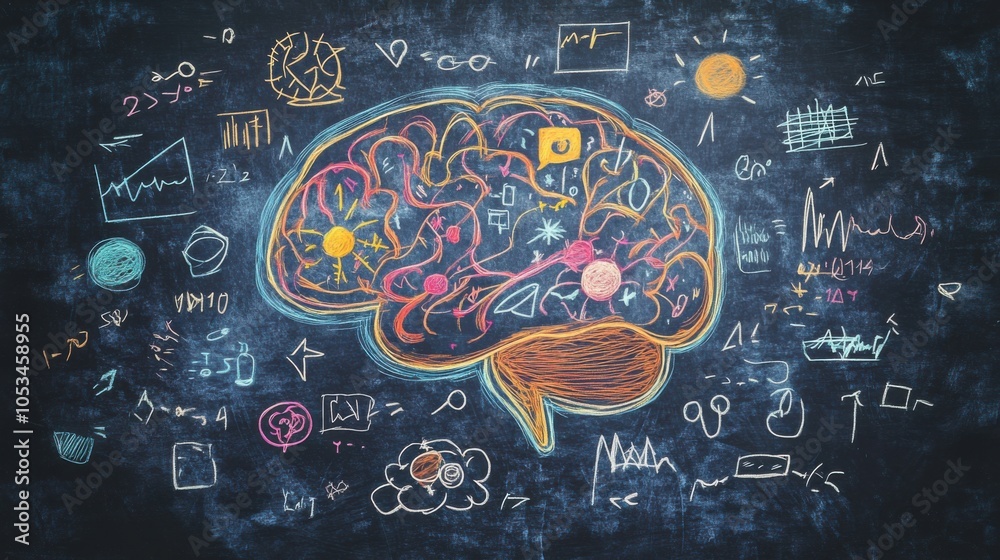 Chalkboard brain filled with doodles, diagrams, and symbols, representing a creative ...