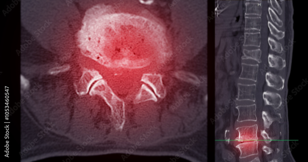 Spinal Compression Fracture at L1 Level - Lumbar CT Scan.A detailed CT scan of the lumbar spine ...