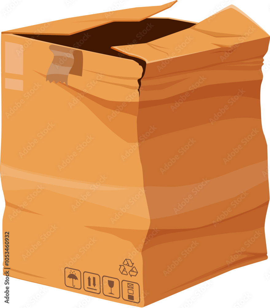 Damaged crumpled cardboard delivery box. Broken and ripped cargo parcel ...