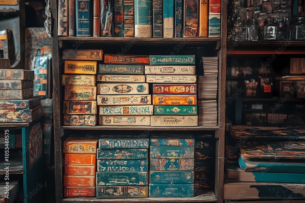 A shelf full of board game boxes in an old antique shop Stock Photo ...