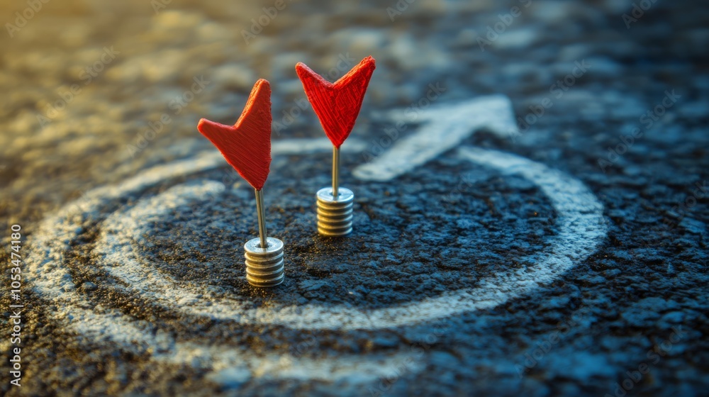 Circular Progress: Two red arrows on a dark asphalt surface, embedded ...