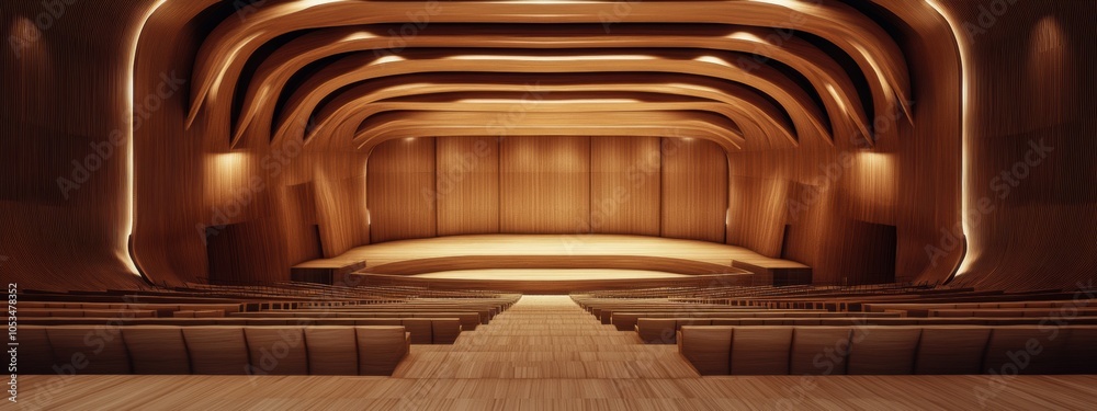 Symmetrical modern concert hall, elegant curved wooden walls ...