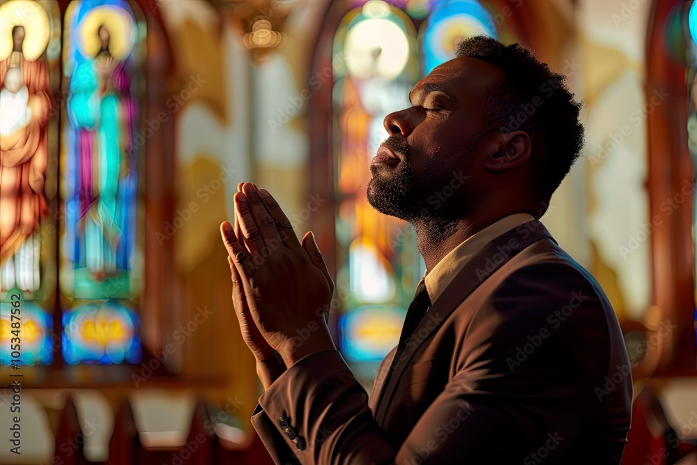 Christian black man praying in a church with stained glass windows ...