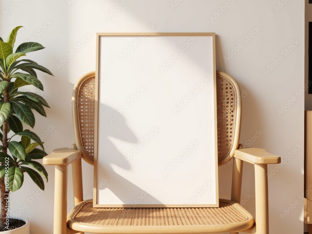 blank A3 A4 sized poster on a sleek scandivian cane back chair with ...