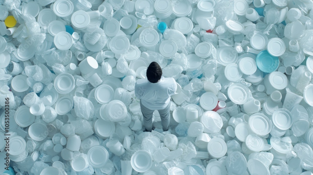 Person standing amidst a sea of white plastic waste showcasing ...