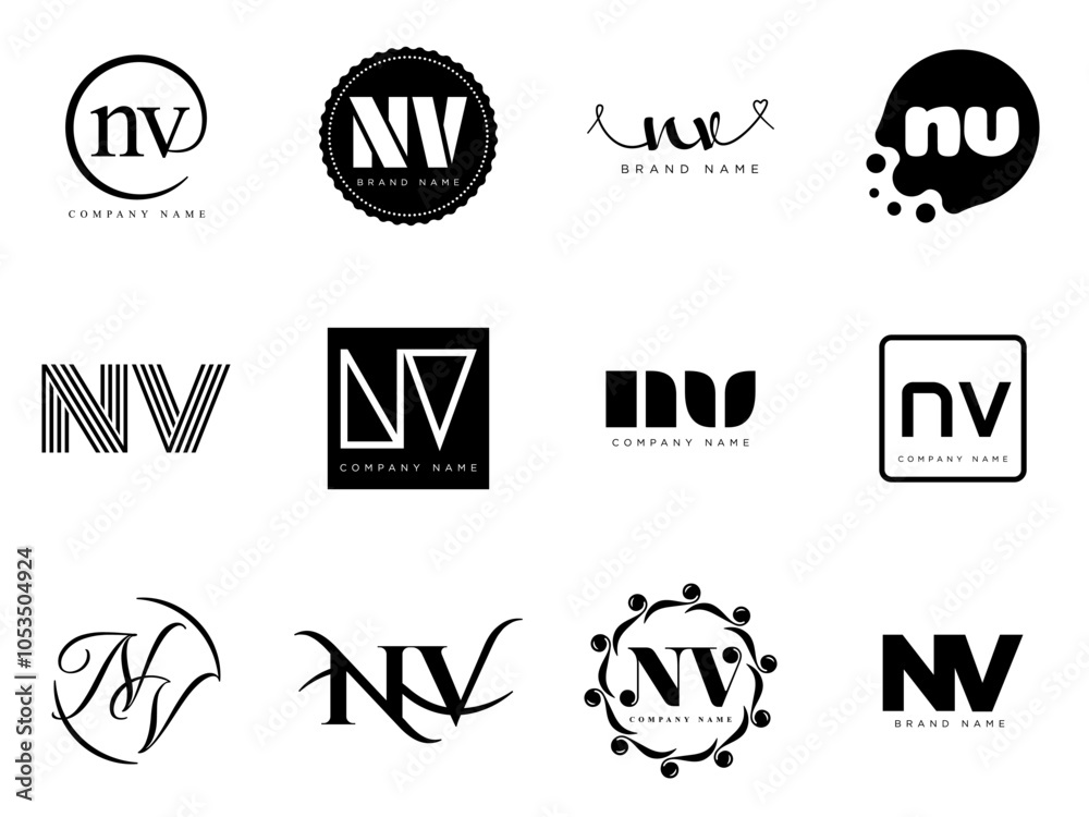 NV logo company template. Letter n and v logotype. Set different ...