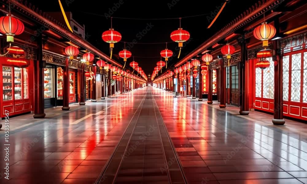 Traditional Chinese street at night, lined with red lanterns and ...