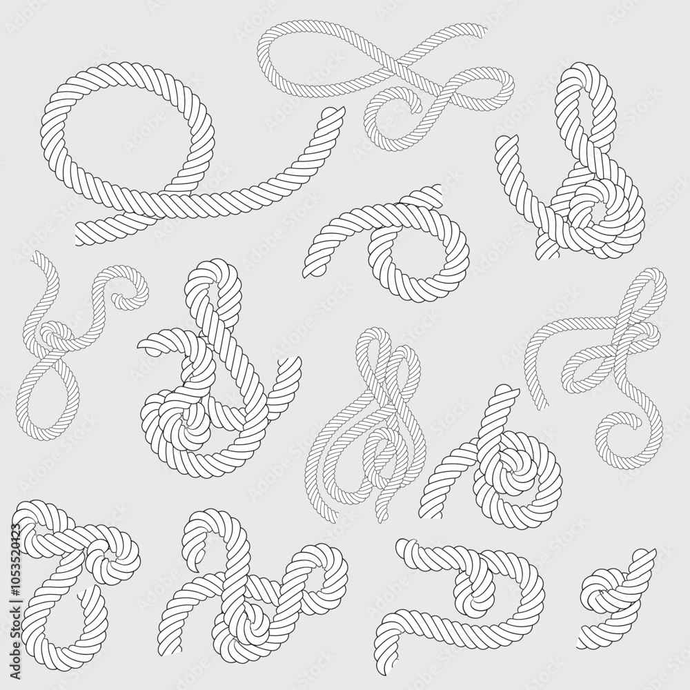 Doodle hand drawn knotted ropes set. Black and white drawing vector ...