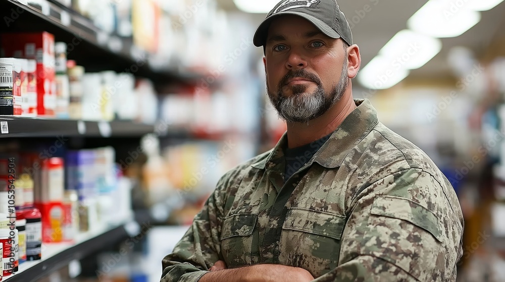 Military man, grocery store and camouflage uniform for shopping ...