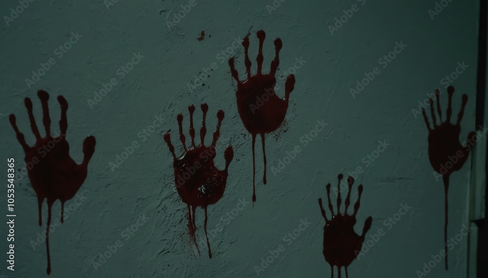 Dimly lit crime scene close-up with faint bloodstain and detailed ...