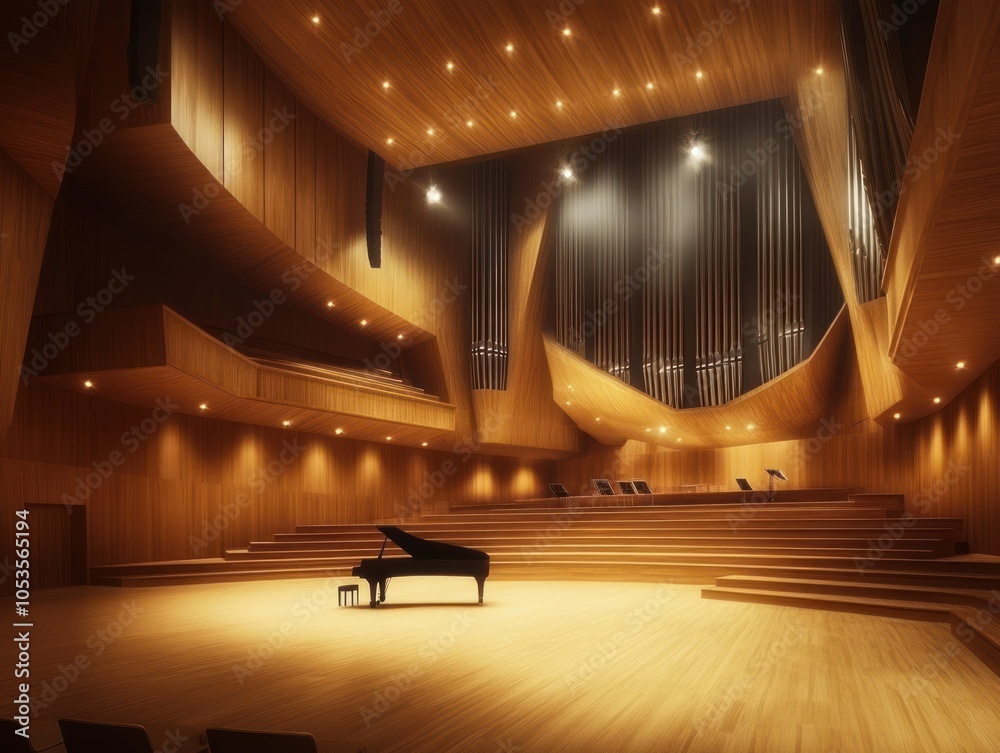 A modern concert hall featuring wooden interiors and a grand piano on ...