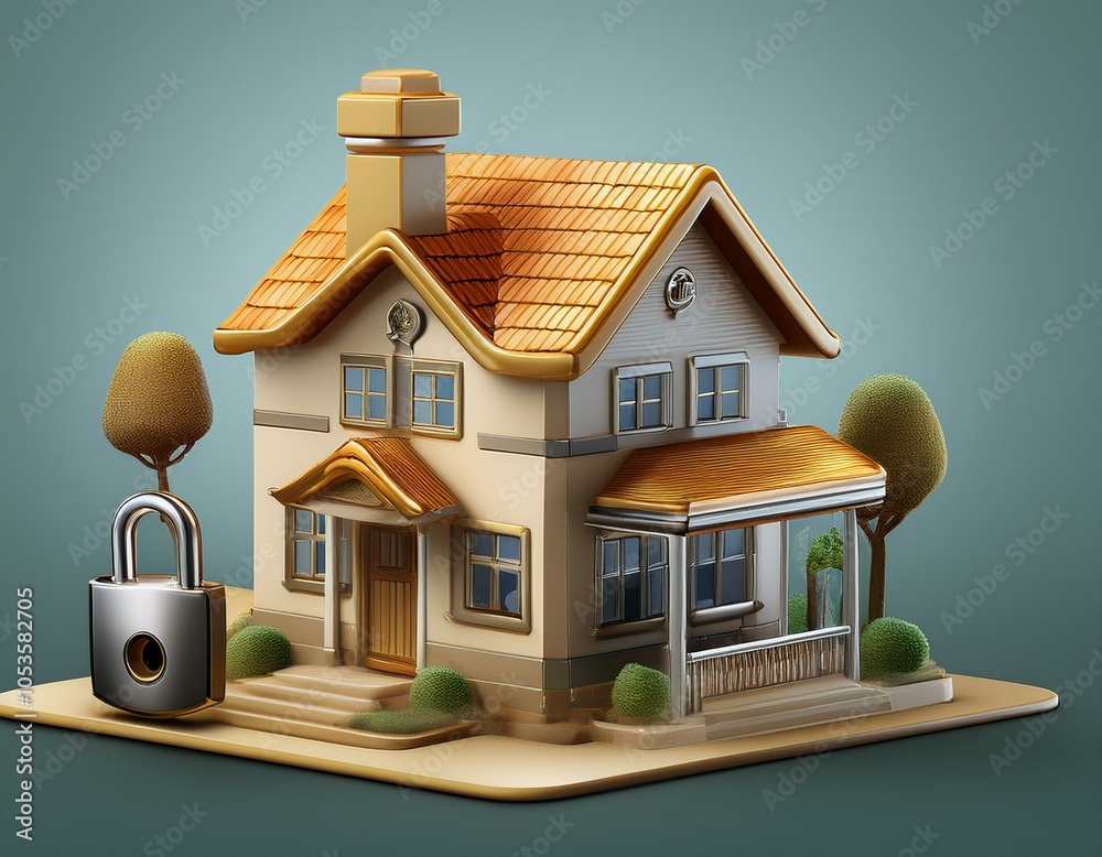 3D icon of a house with a lock, representing home security, isolated on ...