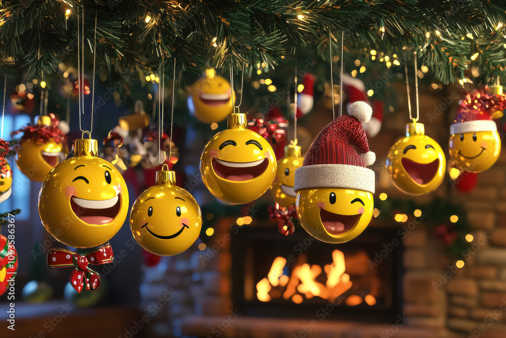 Emoji Christmas Ornaments with Santa Hats and Lights. A festive ...