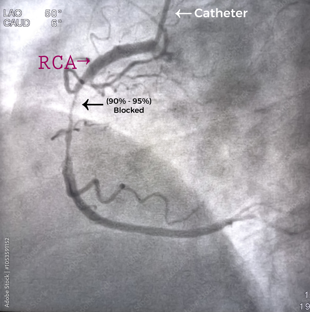 Coronary angiogram of right coronary artery during cardiac catheterization with dye. Findings ...
