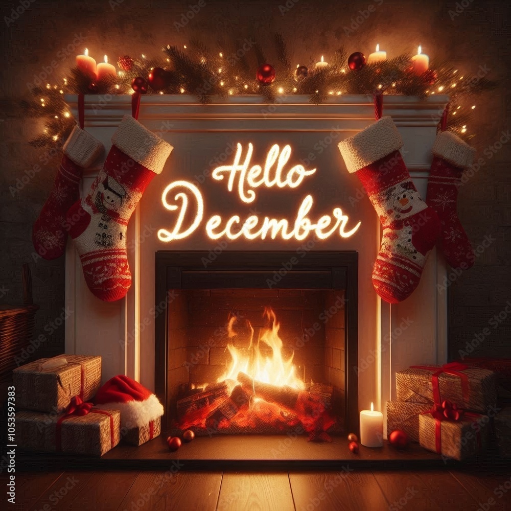 Hello december lettering written in fireplace mantle. Typography ...