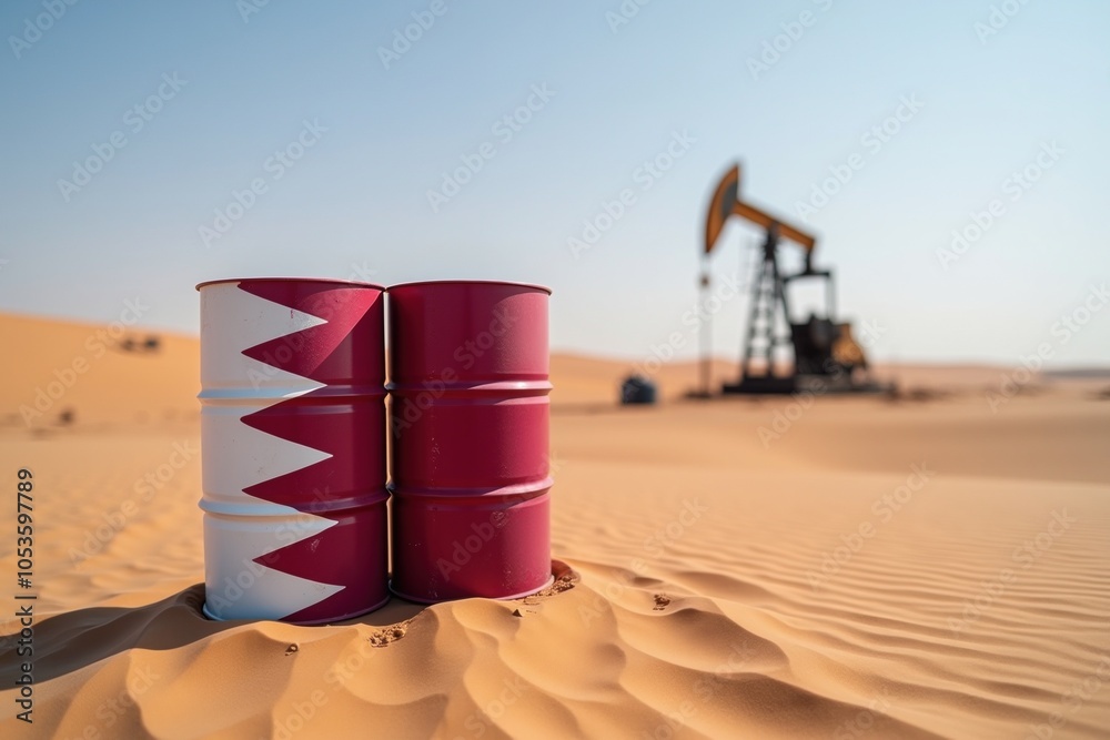 Oil barrels of Qatar in the middle of the desert. Generative AI Stock ...