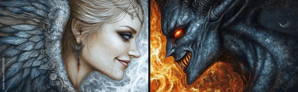 An angel and a devil face each other, the angel with a gentle smile ...