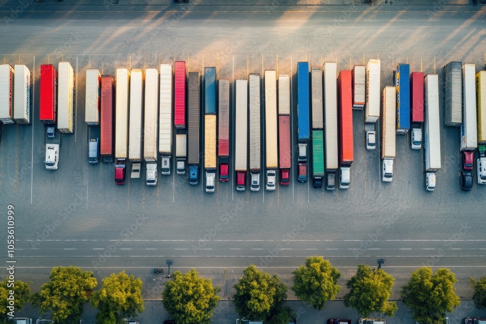 Aerial view of cargo trucks lining up at a border crossing ...
