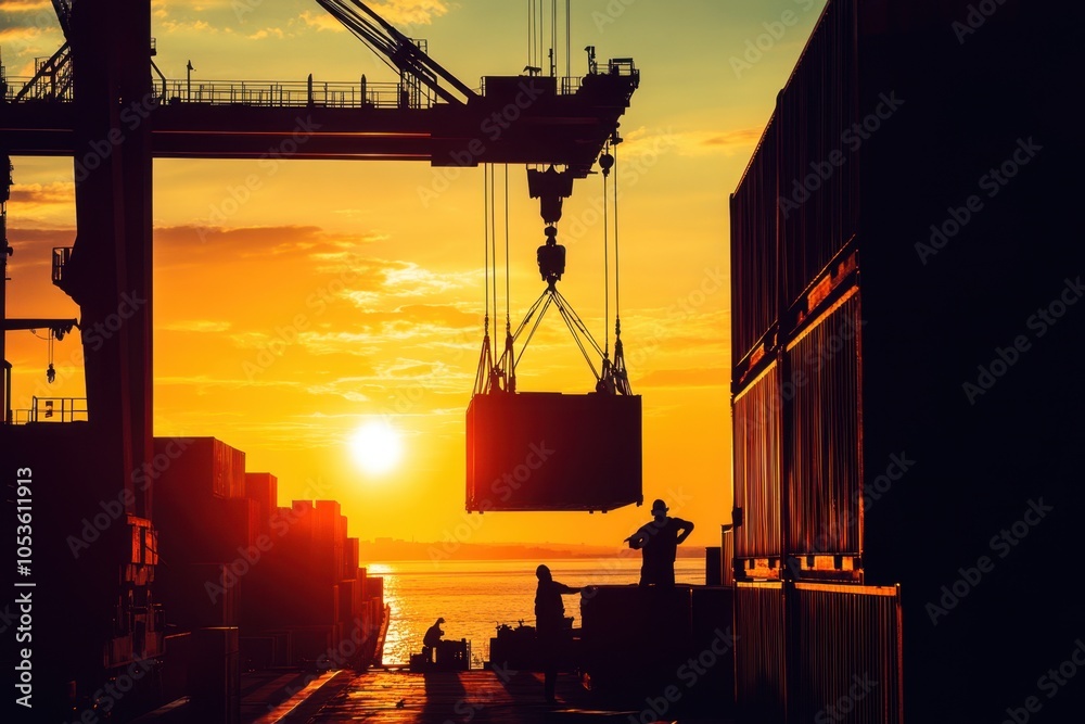 Cargo being offloaded from a container ship onto a dock, sunset over ...