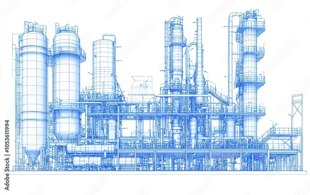 Blueprint of an industrial processing plant highlighting complex piping ...