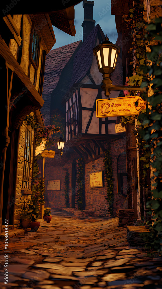 A medieval alleyway at dusk, lined with quaint, timber-framed buildings ...