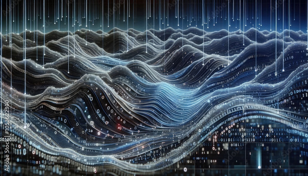 Digital Landscape with Deep Learning Network - Binary Code Waves and Neural Nodes, Futuristic AI ...