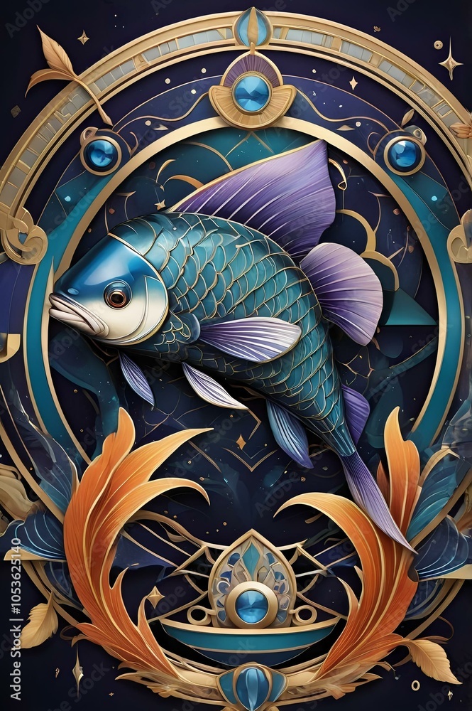 Pisces Zodiac Astrology Symbol - Art Deco Fish Illustration with Deep ...