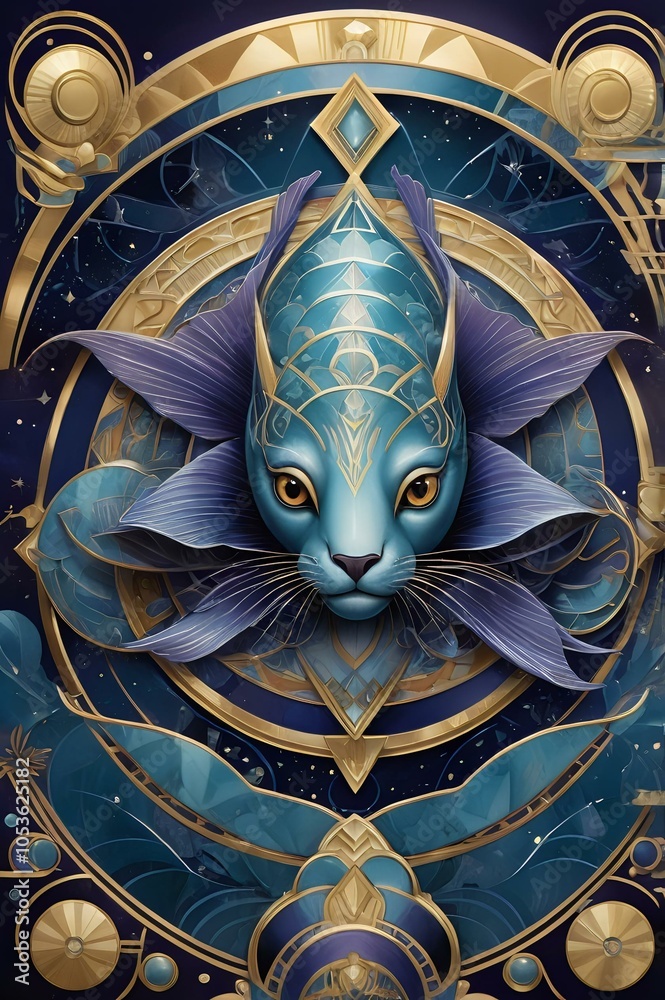 Pisces Zodiac Astrology Symbol - Art Deco Fish Illustration with Deep ...