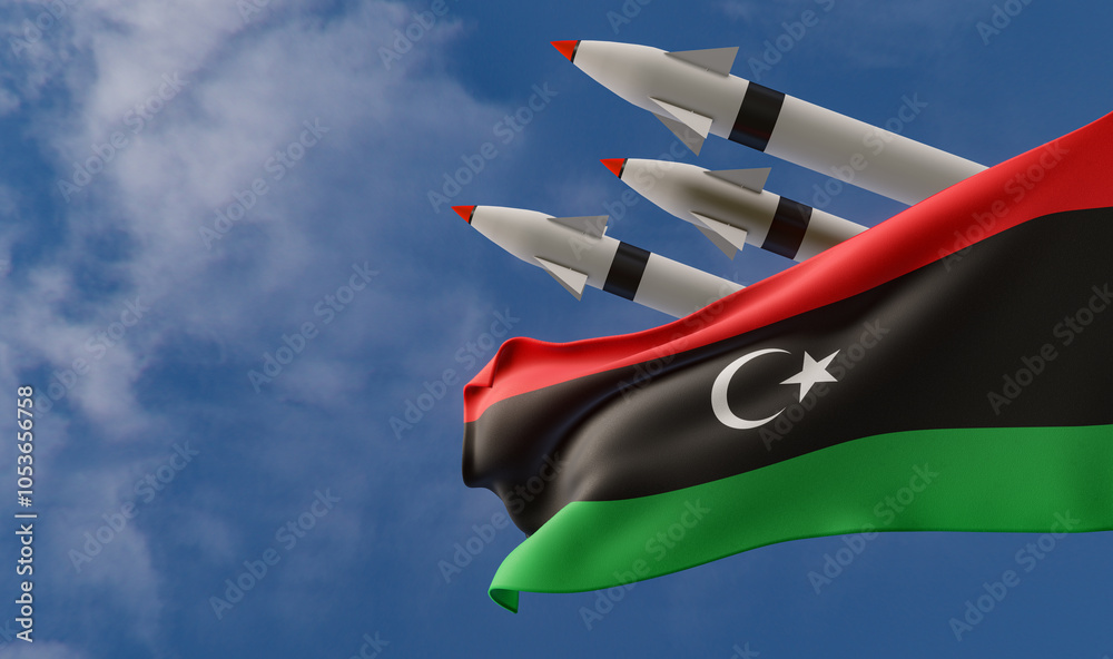 Ballistic missile being launched, Libya flag in foreground. Libya ...