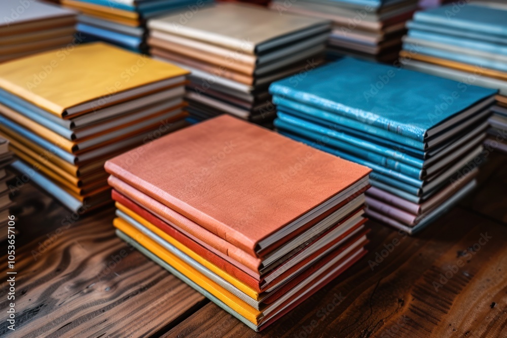 Mockups of stacks of books, notebooks, magazines, top view stacked on a ...