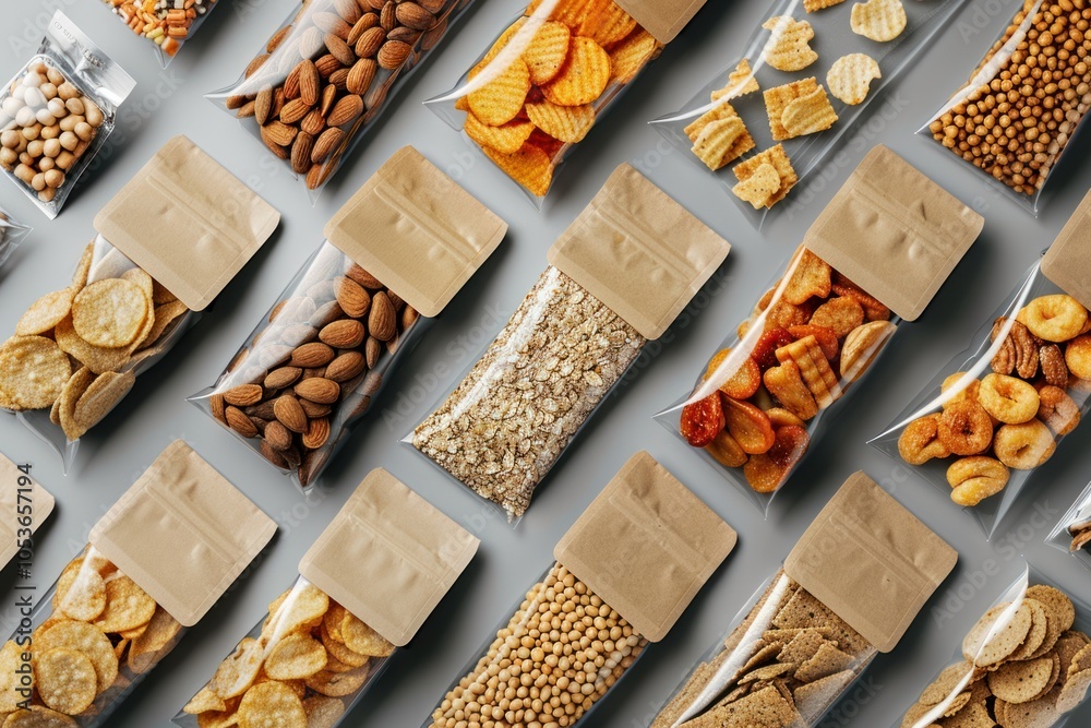 several snack packaging mockups top view, different types of snacks ...