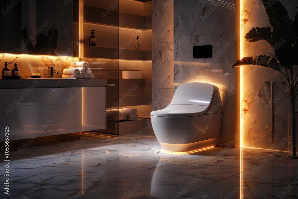 high-tech toilet with a smart control panel, set in a luxurious ...