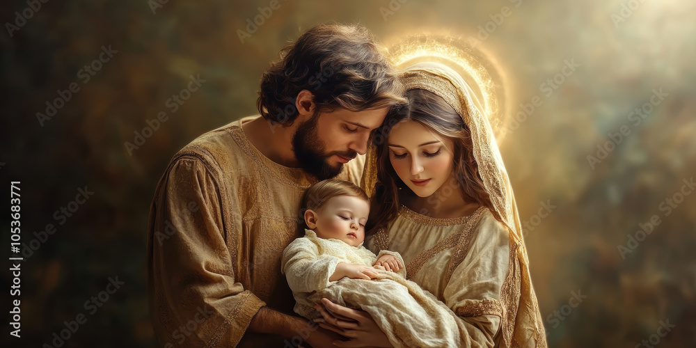 The painting depicts Mary, Joseph and the baby Jesus in a peaceful and ...