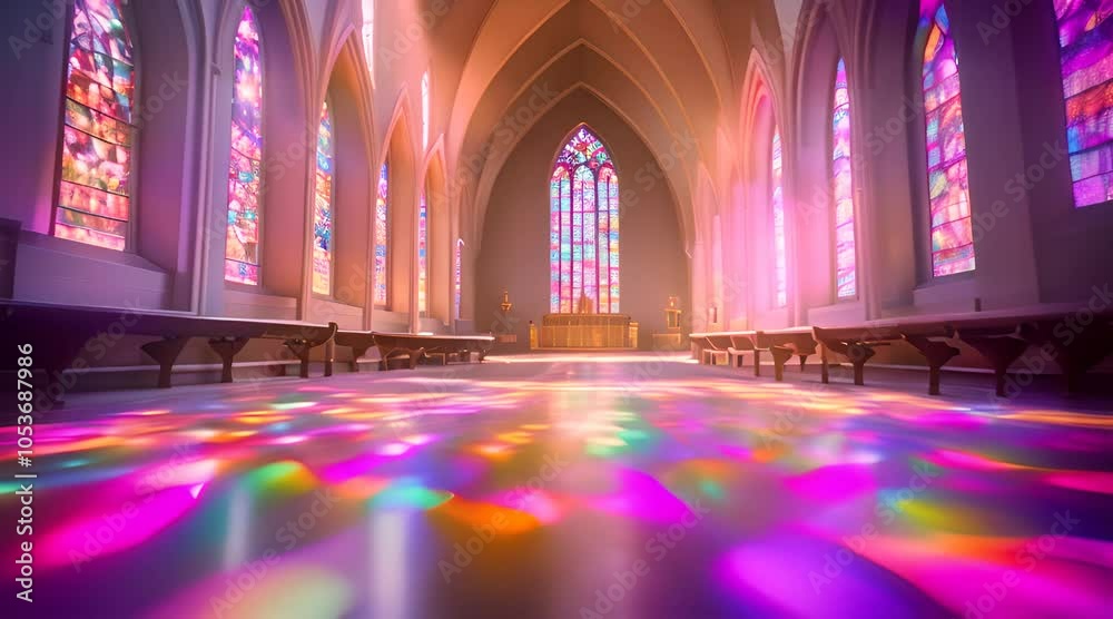 Colored church windows with rays of light shining through, casting ...