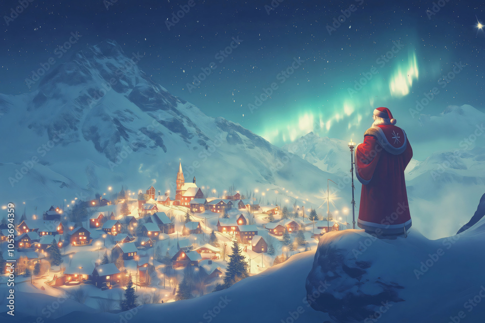 Santa claus holding a lantern and admiring a peaceful snowy village in ...