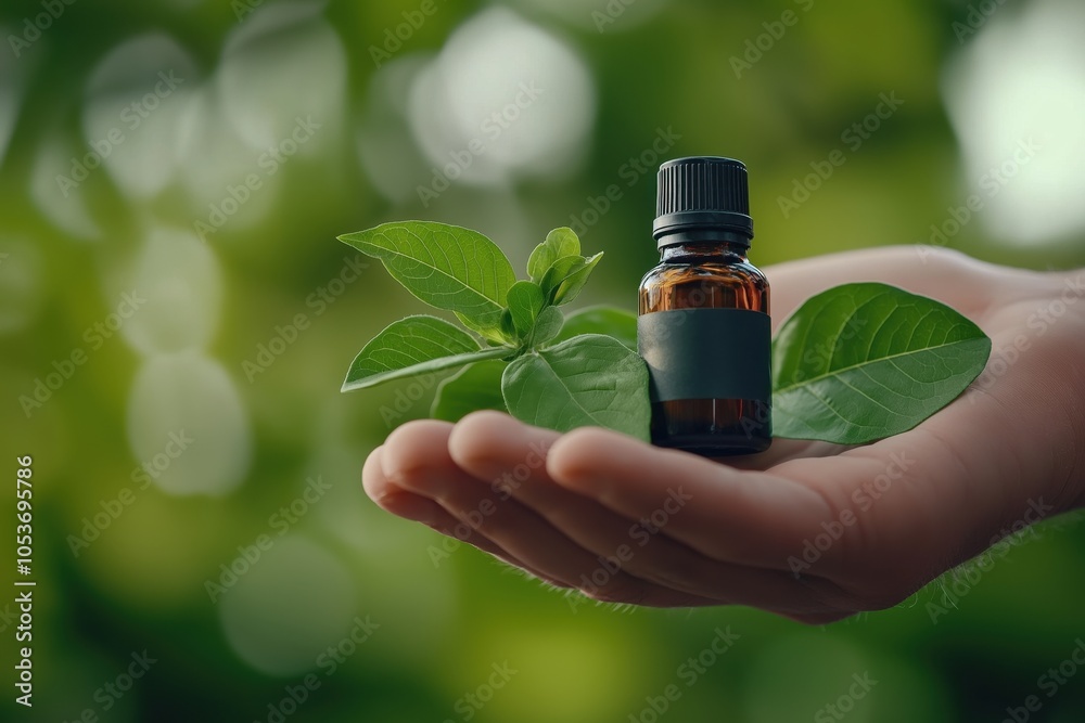 Hands holding aromatic herb plant and essential oil bottle in a nature ...
