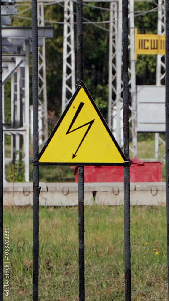 A Yellow High Voltage Warning Sign Displayed On The Fence Of An ...