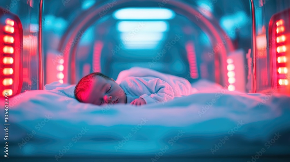Newborn baby lying peacefully in a hospital incubator surrounded by ...