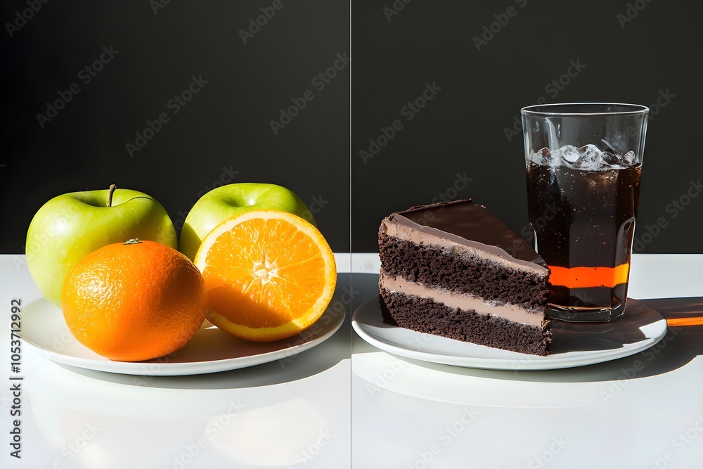 A table split into two: the left side has a plate with a fresh apple ...