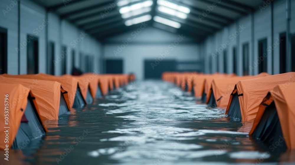 Makeshift shelters constructed in a school gymnasium to accommodate ...