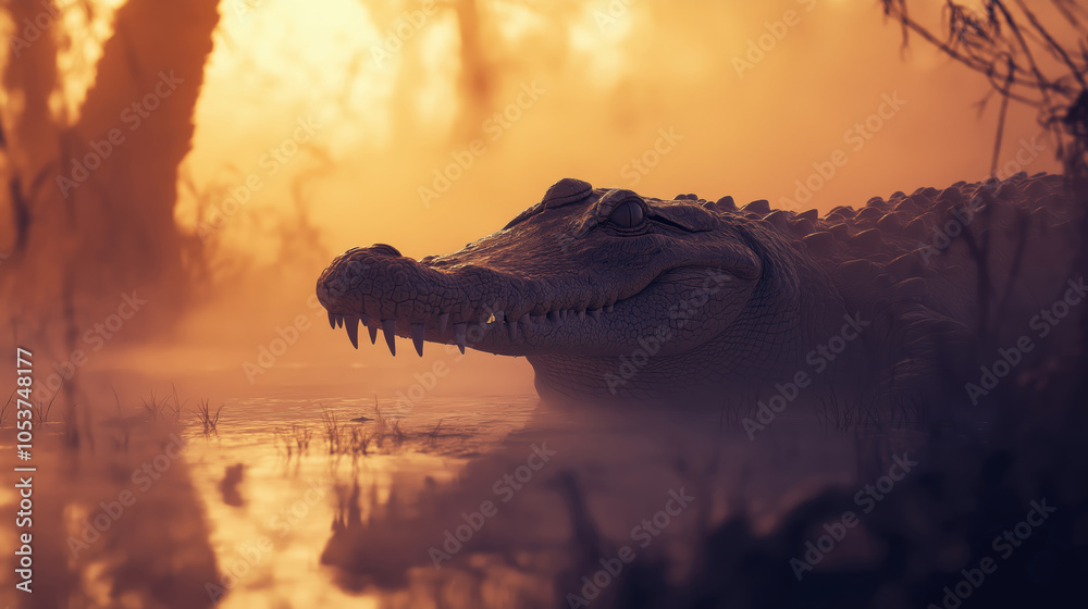 Crocodile, Large reptile with tough skin and jaws emerging from misty ...
